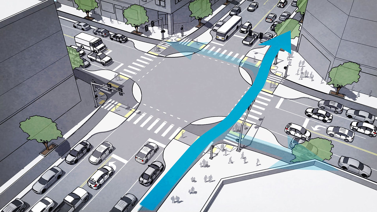 A Protected Bike Lane That Extends Through The Intersection, So Cars ...