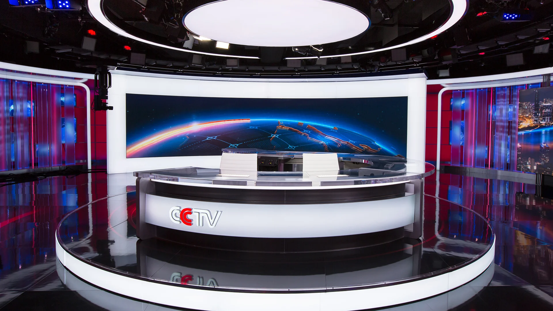 News Studio Set Cameras TV Studio With Professional Camera Aiming At