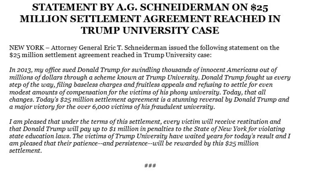 Trump agrees to settle Trump University fraud case for $25M, prosecutor ...