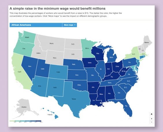 This map shows where an increased minimum wage would boost incomes the ...