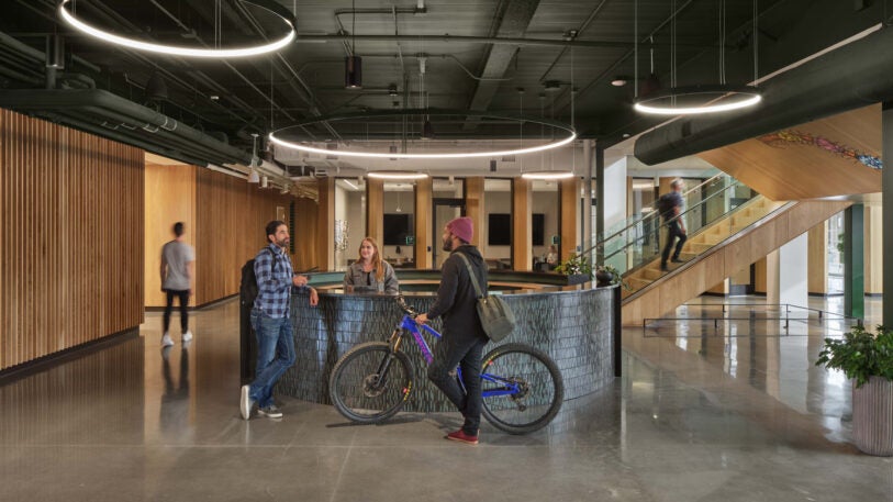 A new bikeable office building in Arkansas is lined with a switchback ramp