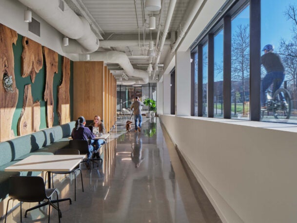 A new bikeable office building in Arkansas is lined with a switchback ramp