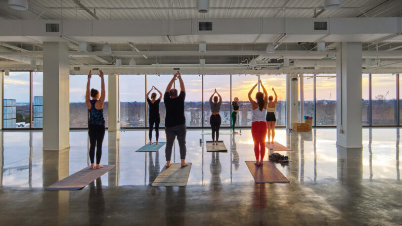 A new bikeable office building in Arkansas is lined with a switchback ramp