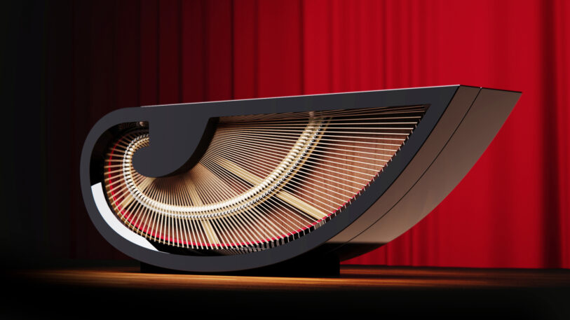 The wing-shaped Ravenchord is a redesigned baby grand piano