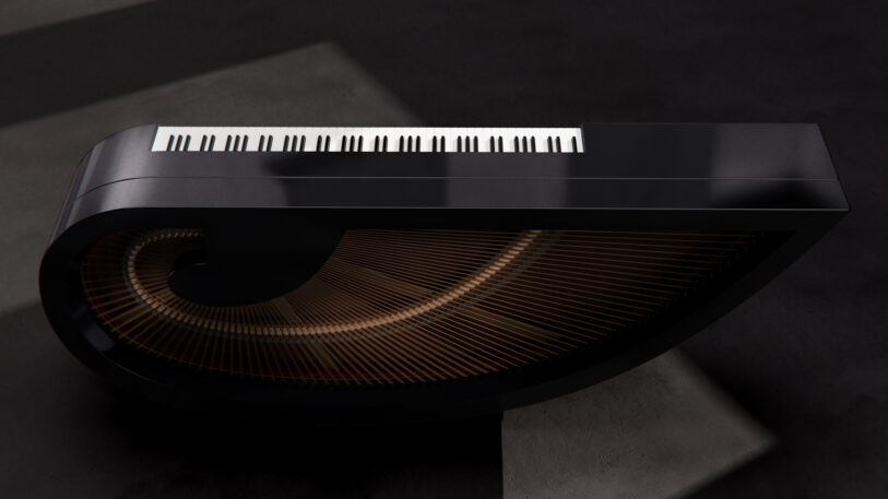 The wing-shaped Ravenchord is a redesigned baby grand piano